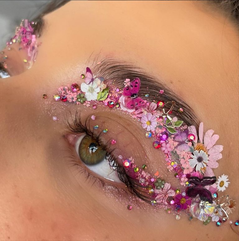 36 Sparkle & Glitter floral eye makeup looks ideas with rhinestone