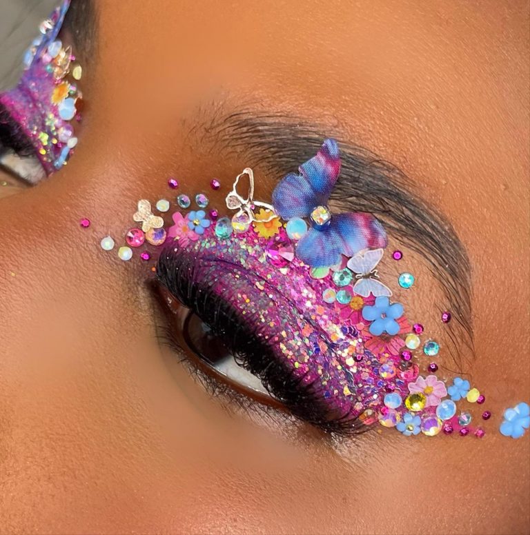 36 Sparkle & Glitter floral eye makeup looks ideas with rhinestone