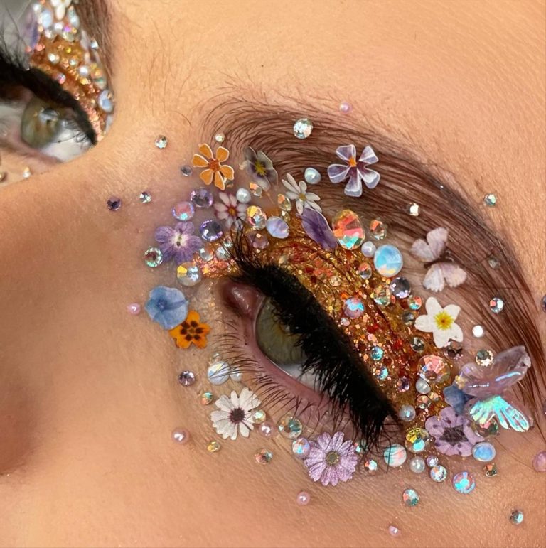 36 Sparkle & Glitter floral eye makeup looks ideas with rhinestone