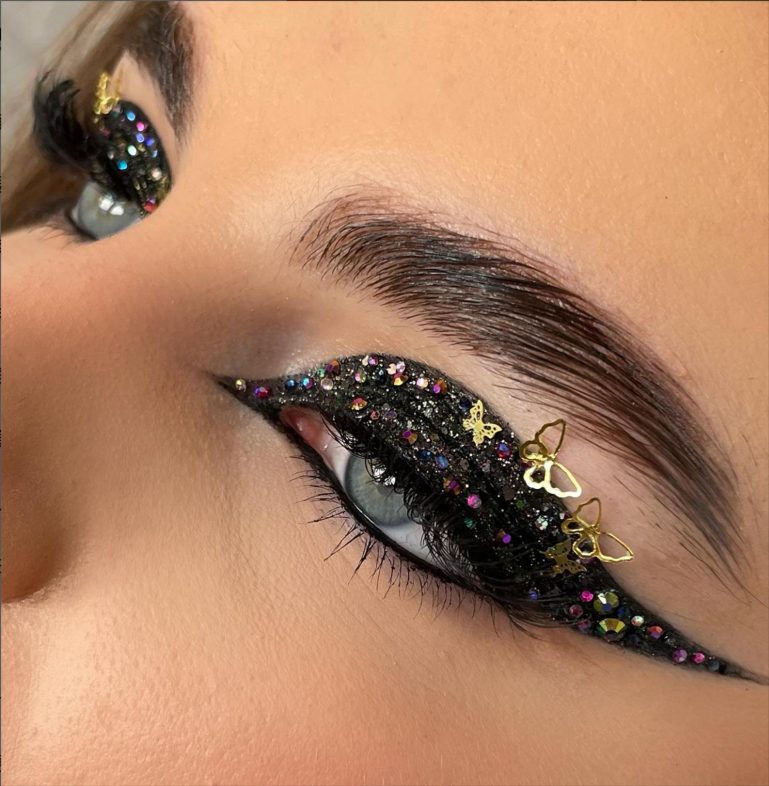36 Sparkle & Glitter floral eye makeup looks ideas with rhinestone